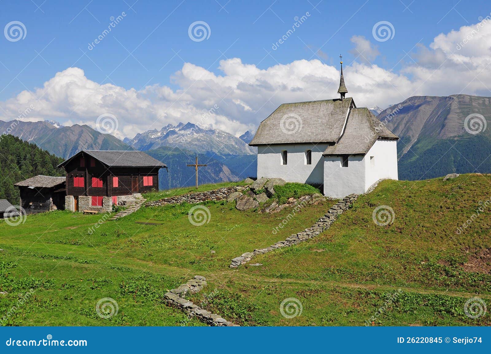 Church in Swiss Alps. stock image. Image of tower, white - 26220845