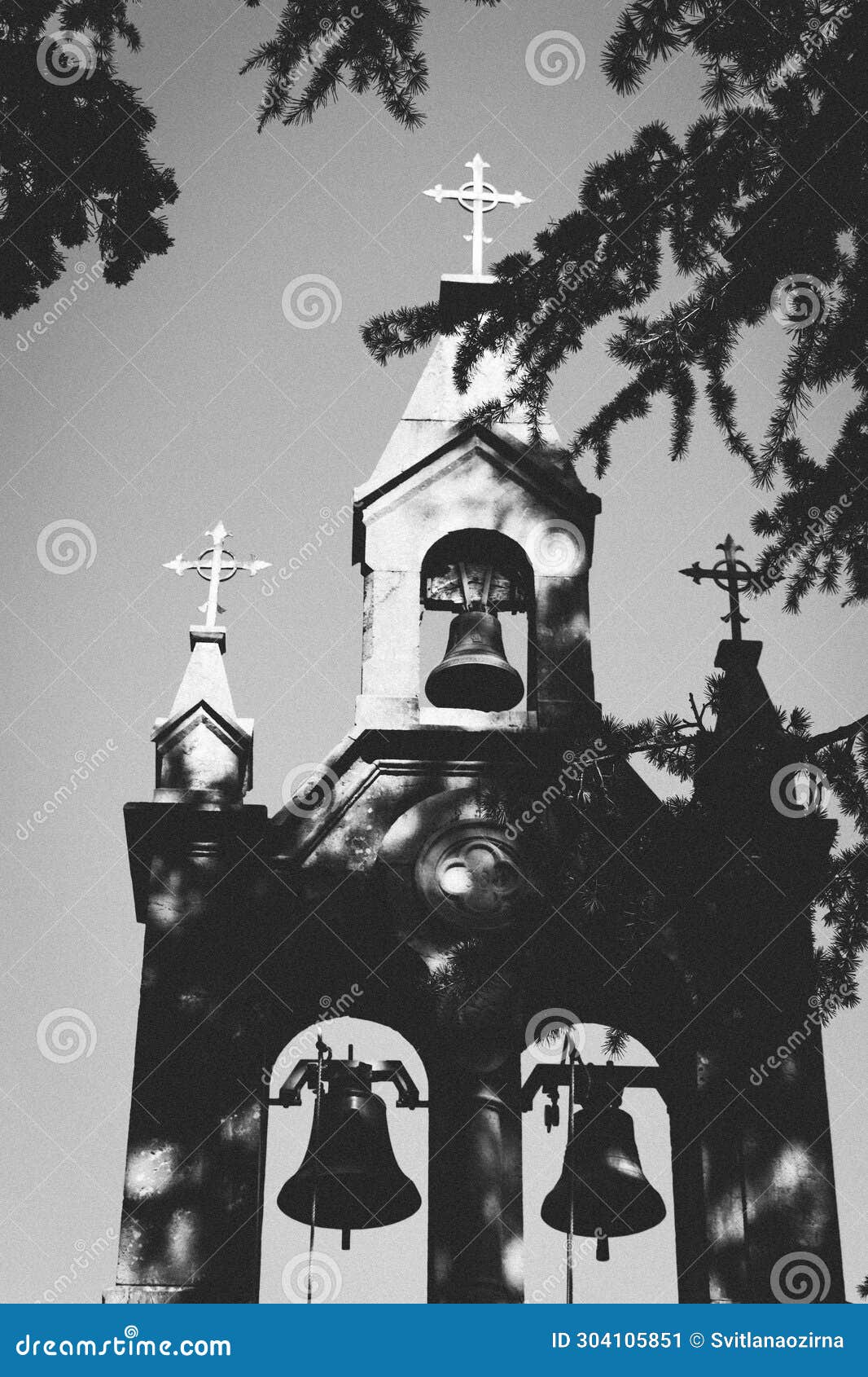 The Church with Three Bells on the Bell Tower is Black and White Stock ...