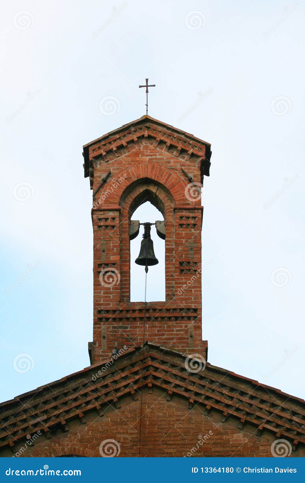 Church Tower with Bell and Cross Stock Photo - Image of brick, cross ...