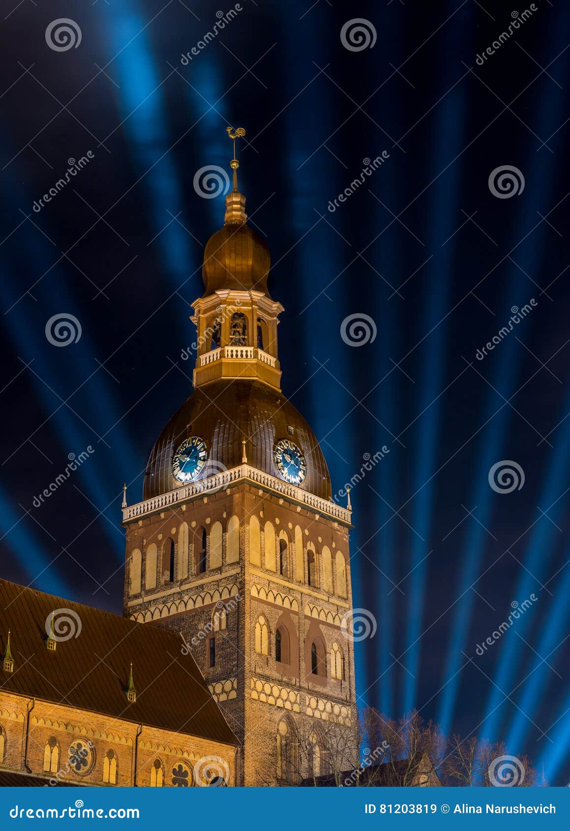Church Tower with Clocks - Blue Floodlight in the Sky Stock Image ...
