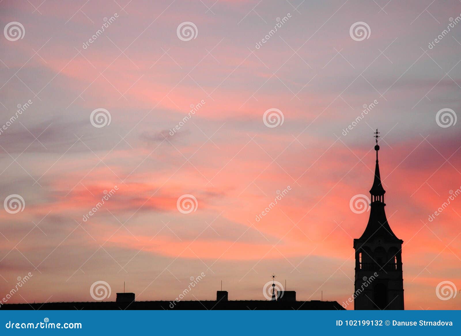 Church tower at sunset stock photo. Image of church - 102199132