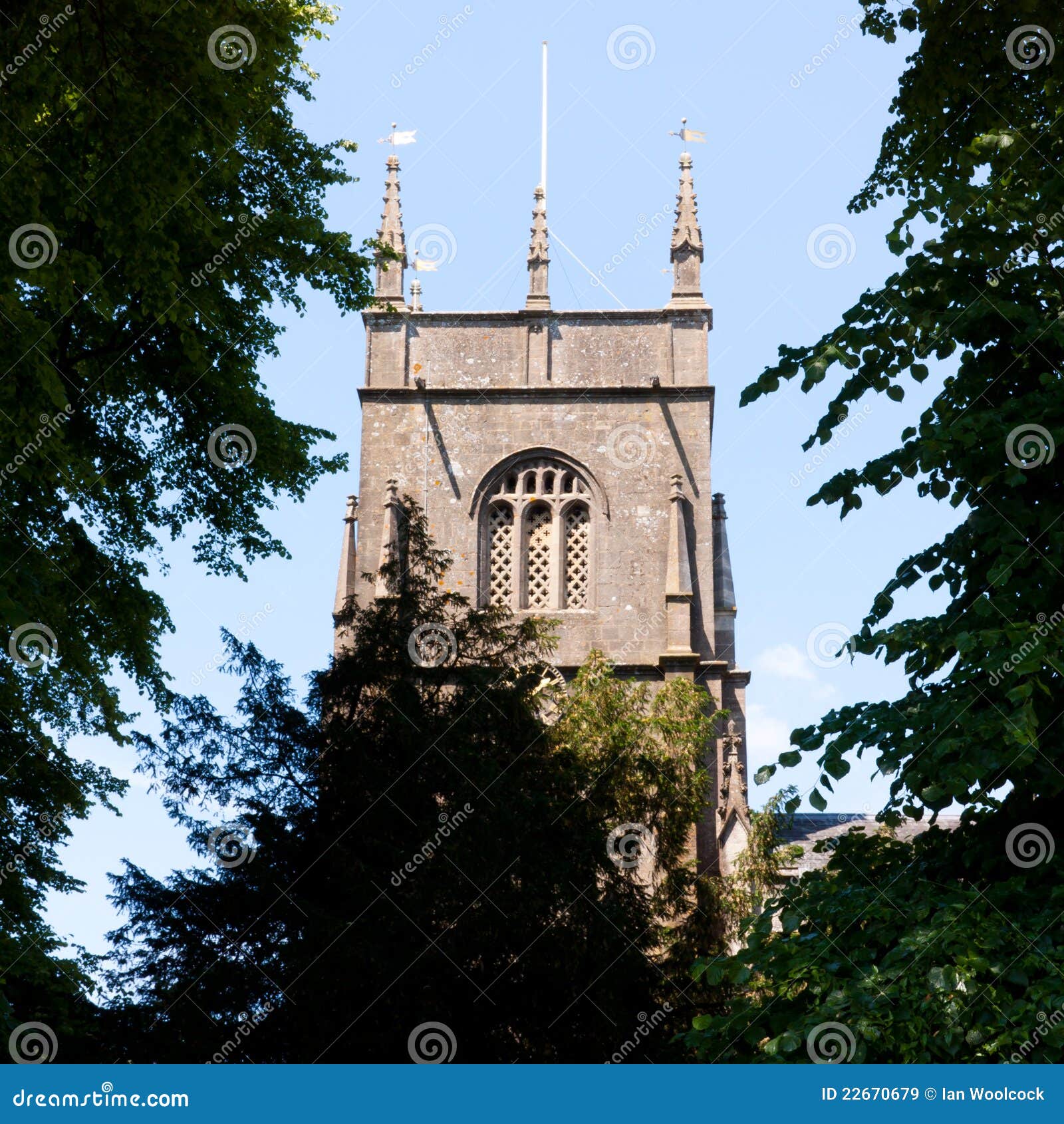 Church Tower through the Trees. Stock Image - Image of streets, trees ...