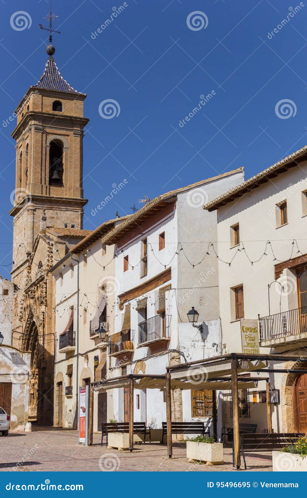 Church Tower and White Houses at the Central Square of Requena ...