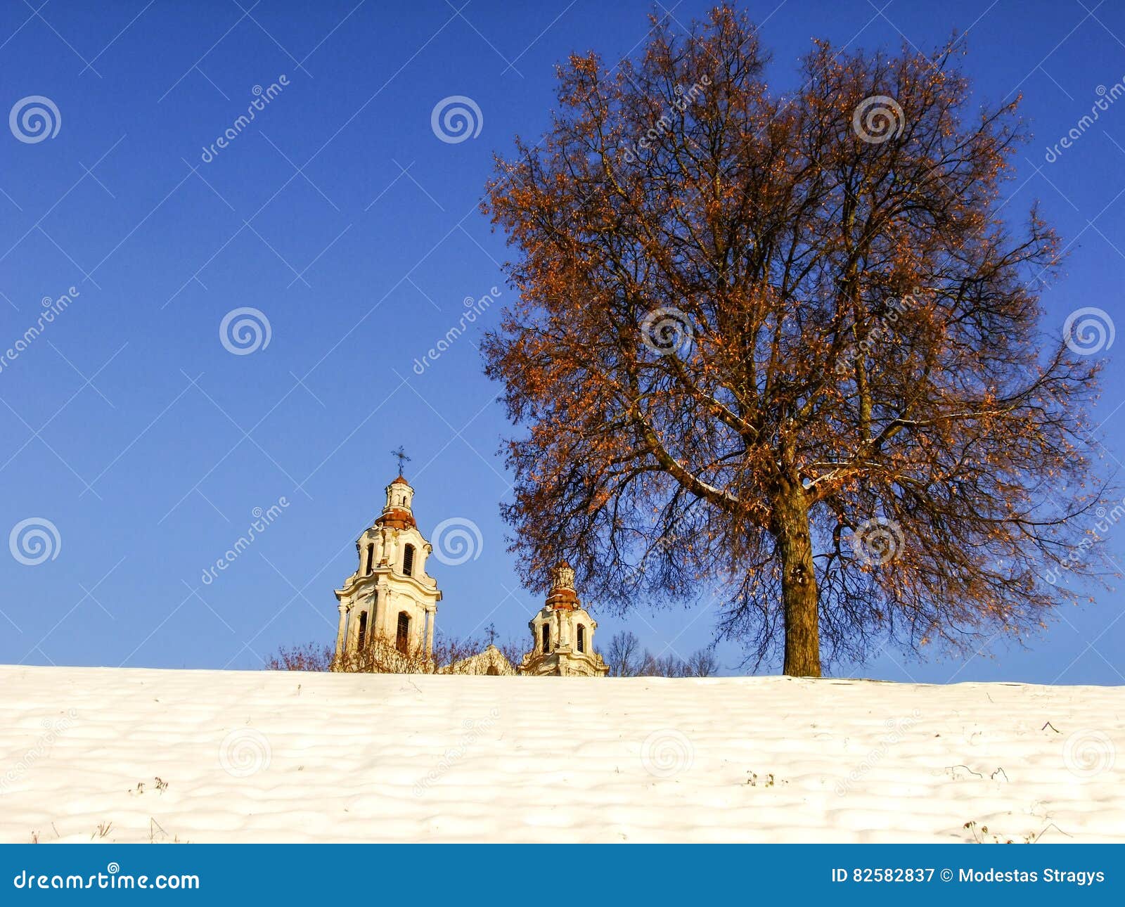 Church and Tree Standing on the Slope Stock Image - Image of church ...