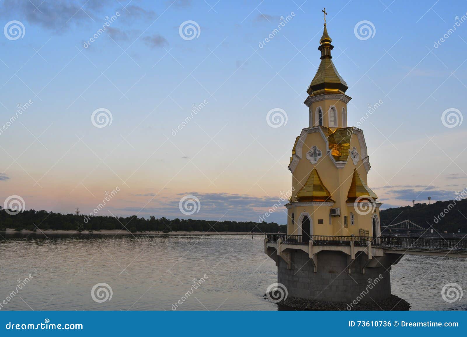 Church on the water stock photo. Image of evening, building - 73610736