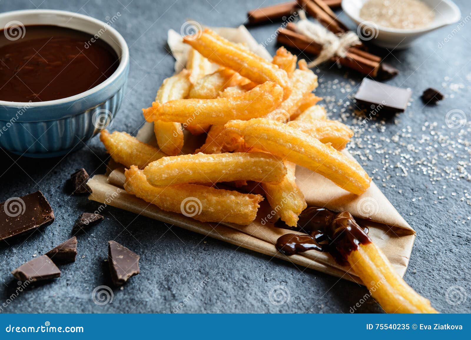 Churros with Chocolate Dipping Sauce Stock Image - Image of mexican ...