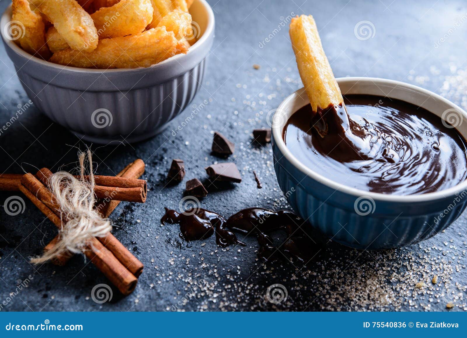 Churros with Chocolate Dipping Sauce Stock Photo - Image of restaurant ...