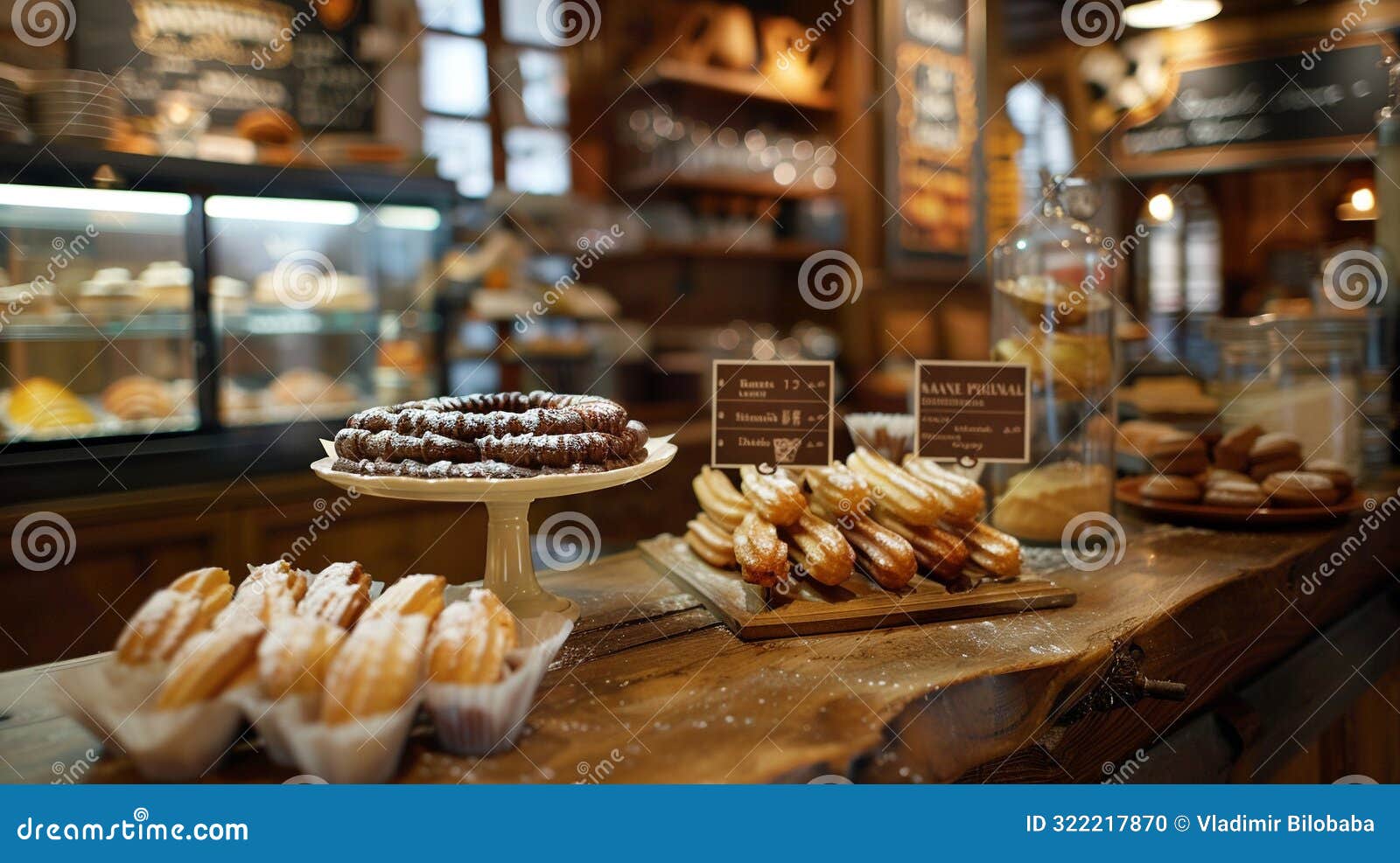 Churros and Chocolate Pastry Display in Bakery Stock Illustration ...