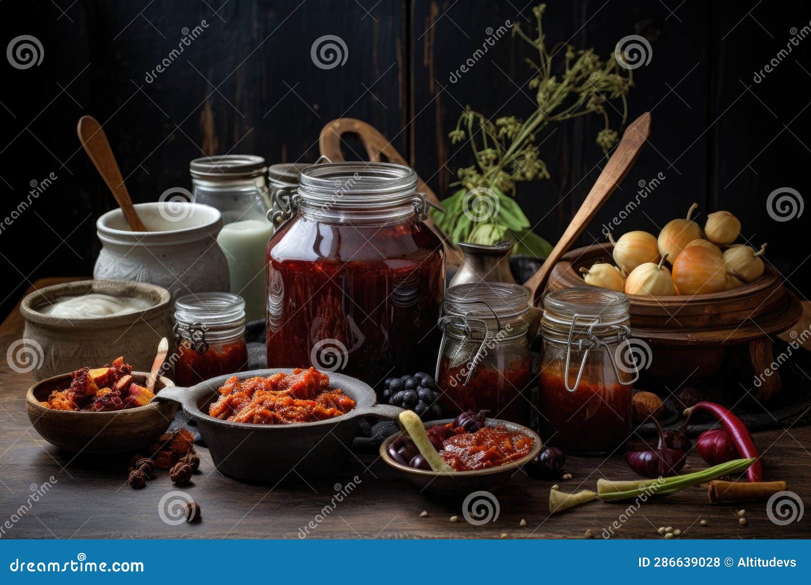 Chutney-making Process With Ingredients, Utensils, And Jar On Table ...
