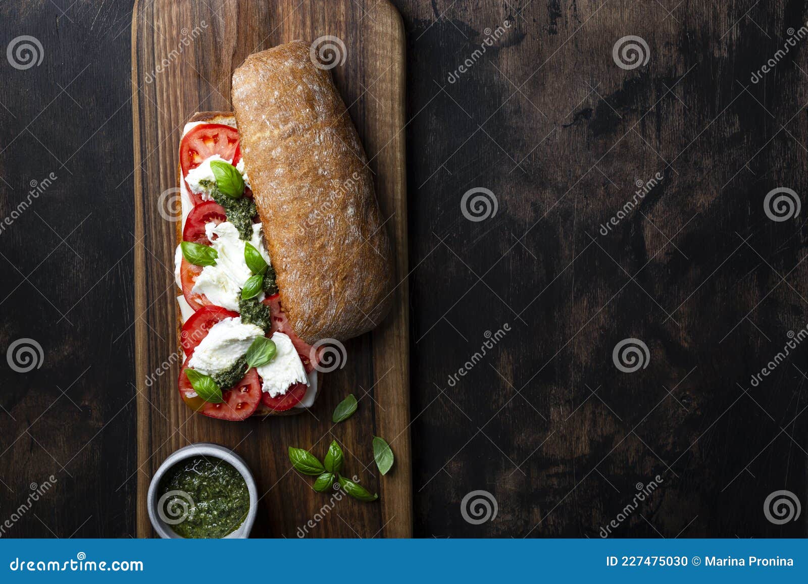 Ciabatta Bread with Mozzarella, Tomatoes and Basil Stock Photo - Image ...