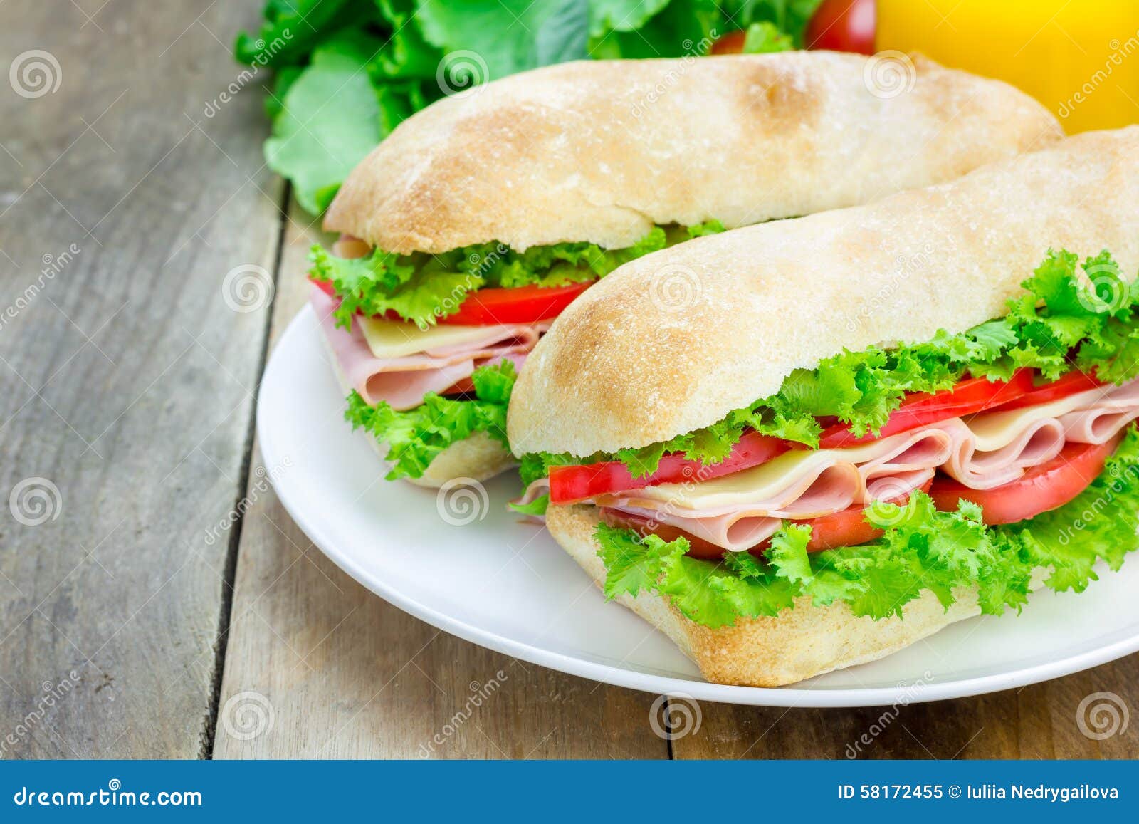 Ciabatta Bread Sandwiches with Ham and Cheese on the White Plate Stock ...
