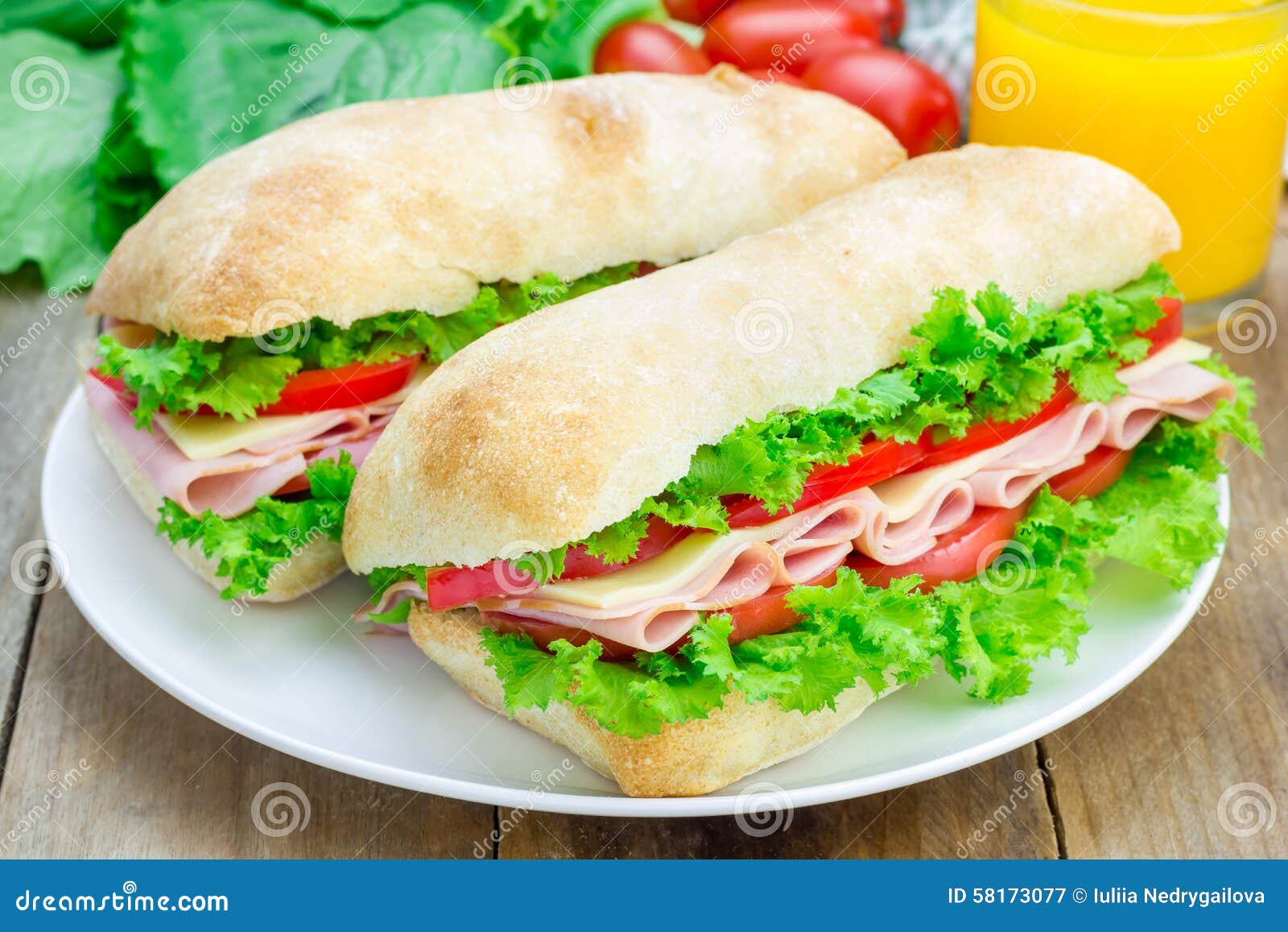 Ciabatta Bread Sandwiches with Ham and Cheese on the White Plate Stock ...