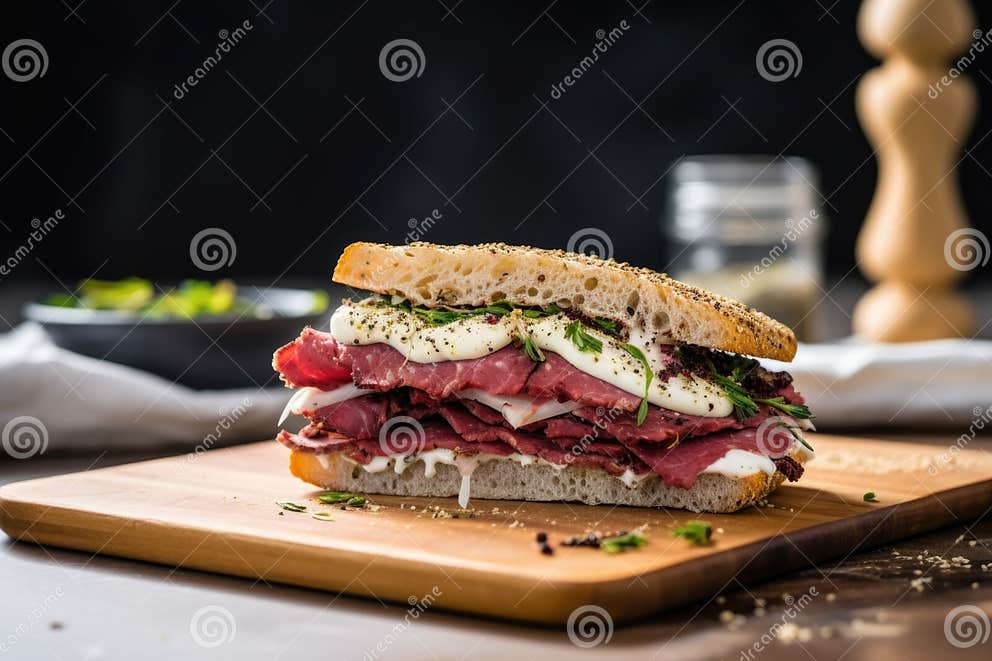 Ciabatta Sandwich with Pastrami Being Compressed by a Brick Stock Photo ...