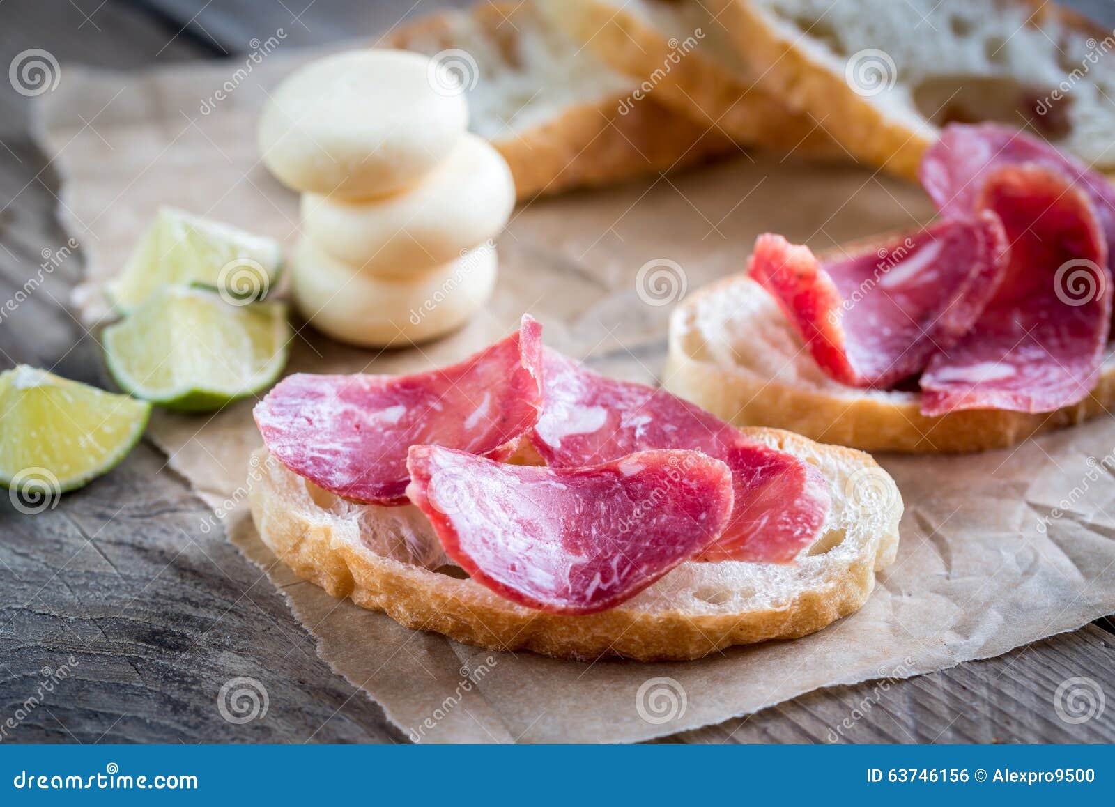 Ciabatta Sandwiches with Fuet and Mini Cheese Stock Photo - Image of ...