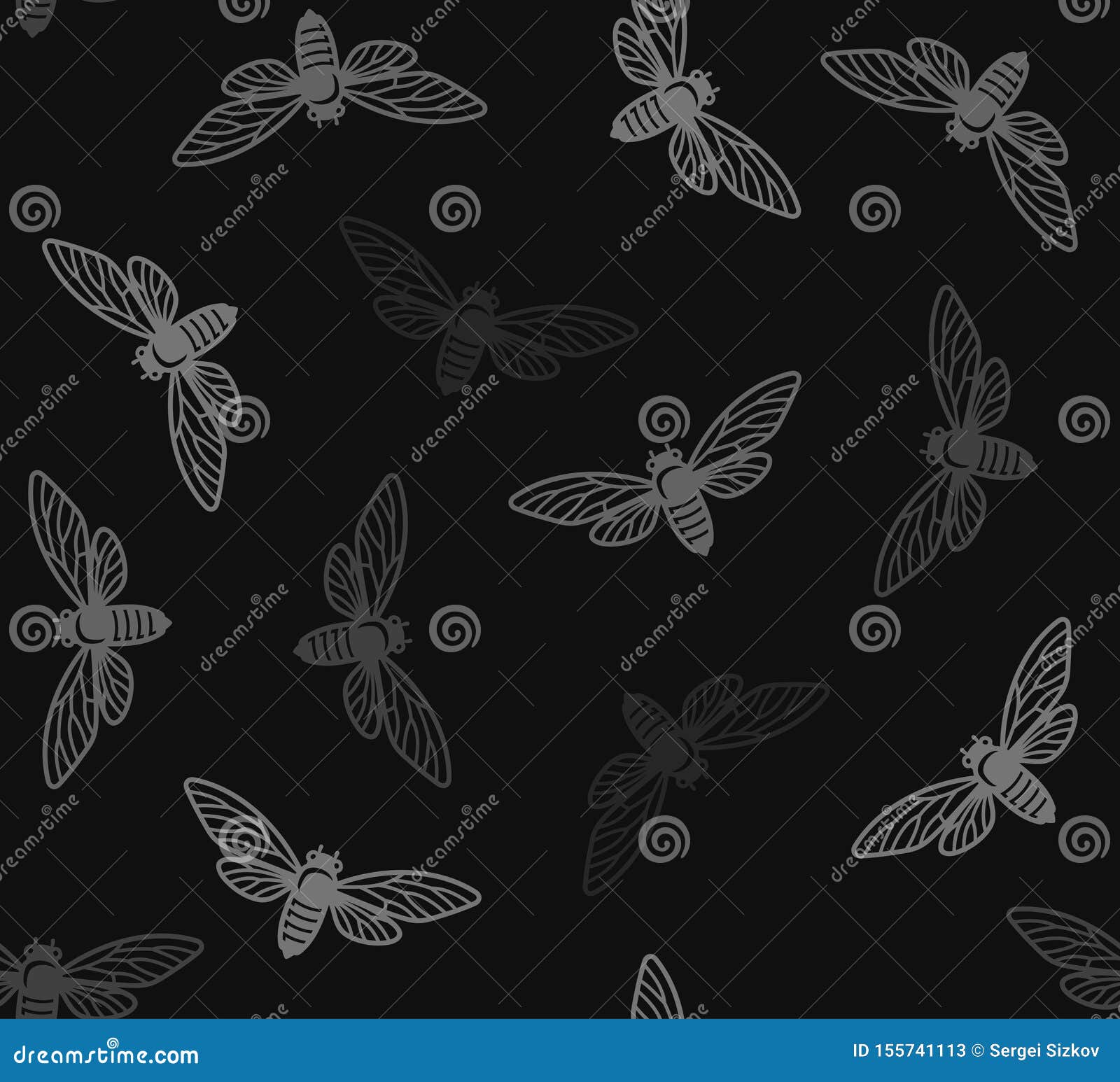 Cicada Insects Seamless Pattern with Black Background. Vector Stock ...