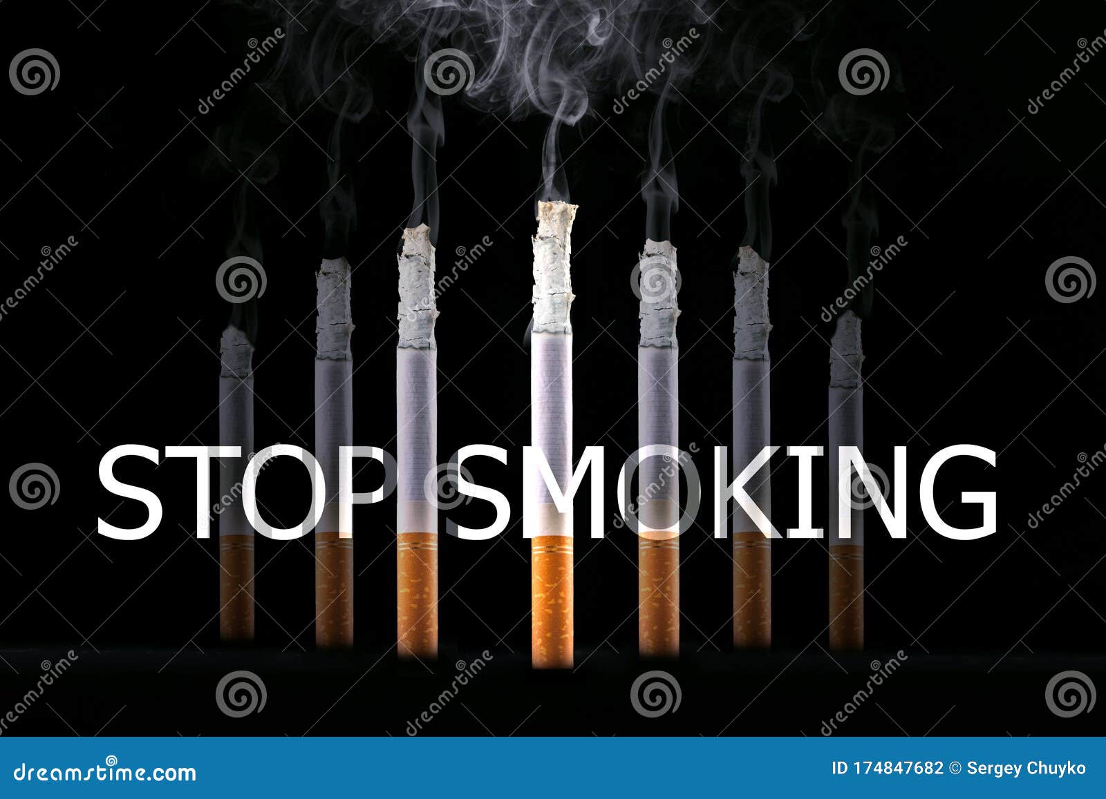 Cigarettes Burning and Sign Stop Smoking on Black Background. Stock ...