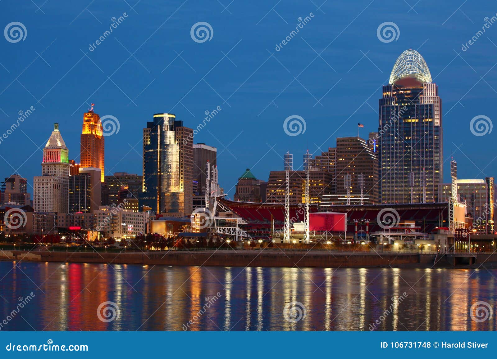 Cincinnati City Center at Night with Reflections Stock Photo - Image of ...