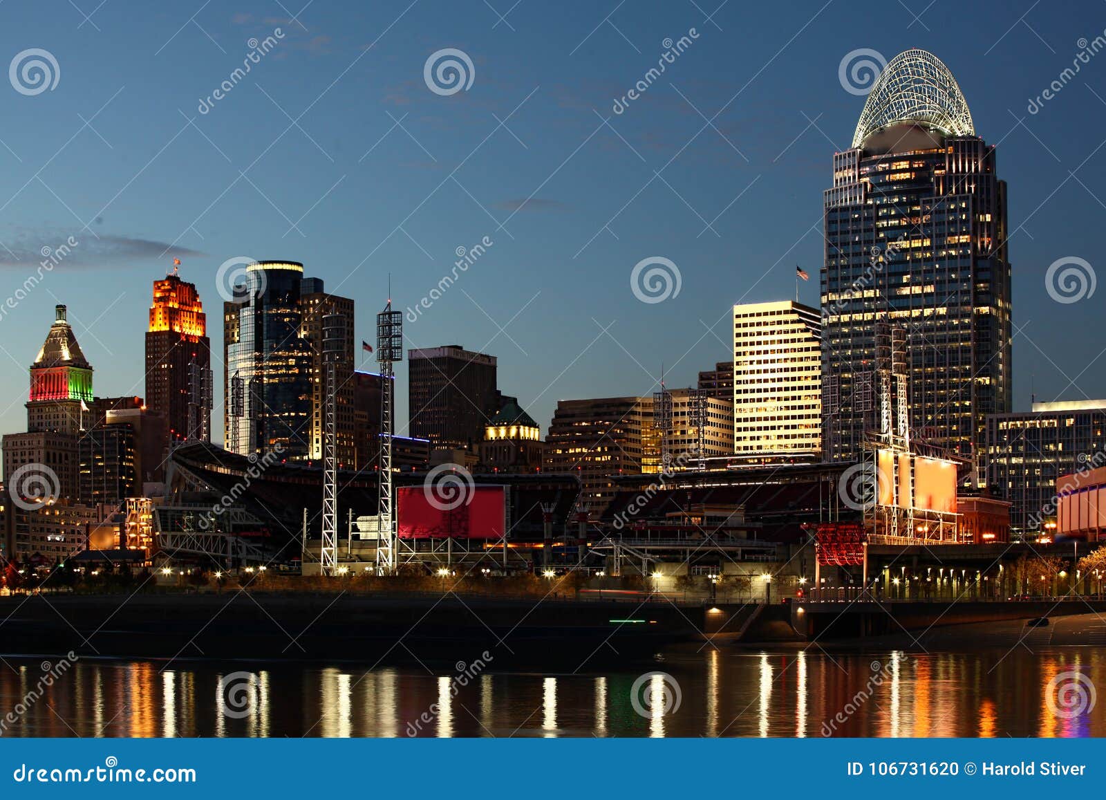 Cincinnati Skyline at Night with Reflections Stock Photo - Image of ...