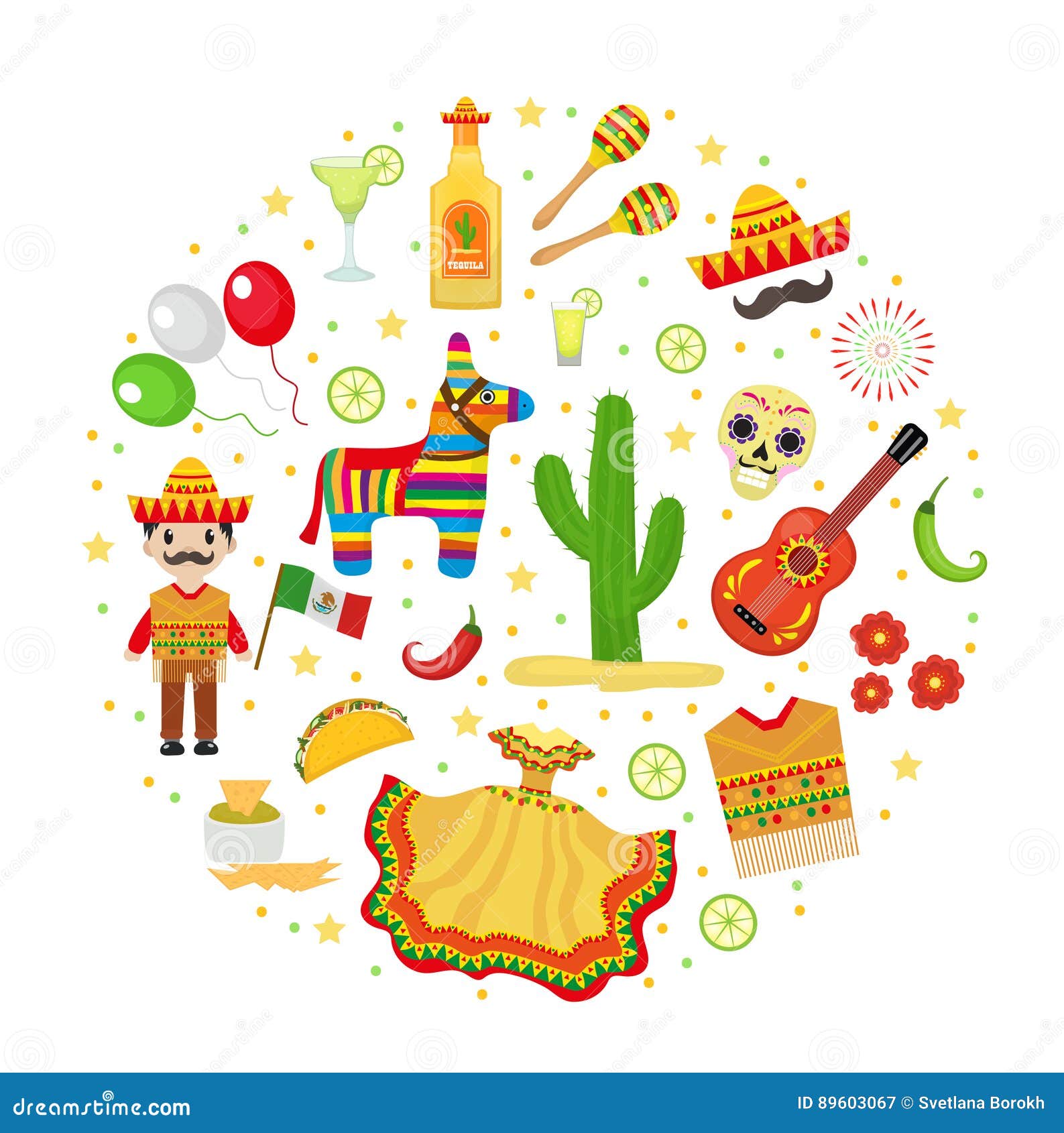 Mexico Icons Set, Cute Mexican Cartoon Symbols Vector Illustration On A ...