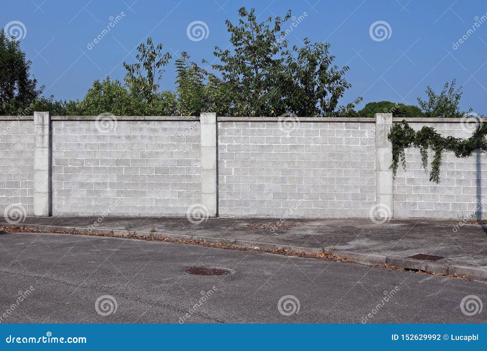 Cinder Block Wall with a Sidewalk and a Street in Front. Stock Photo ...