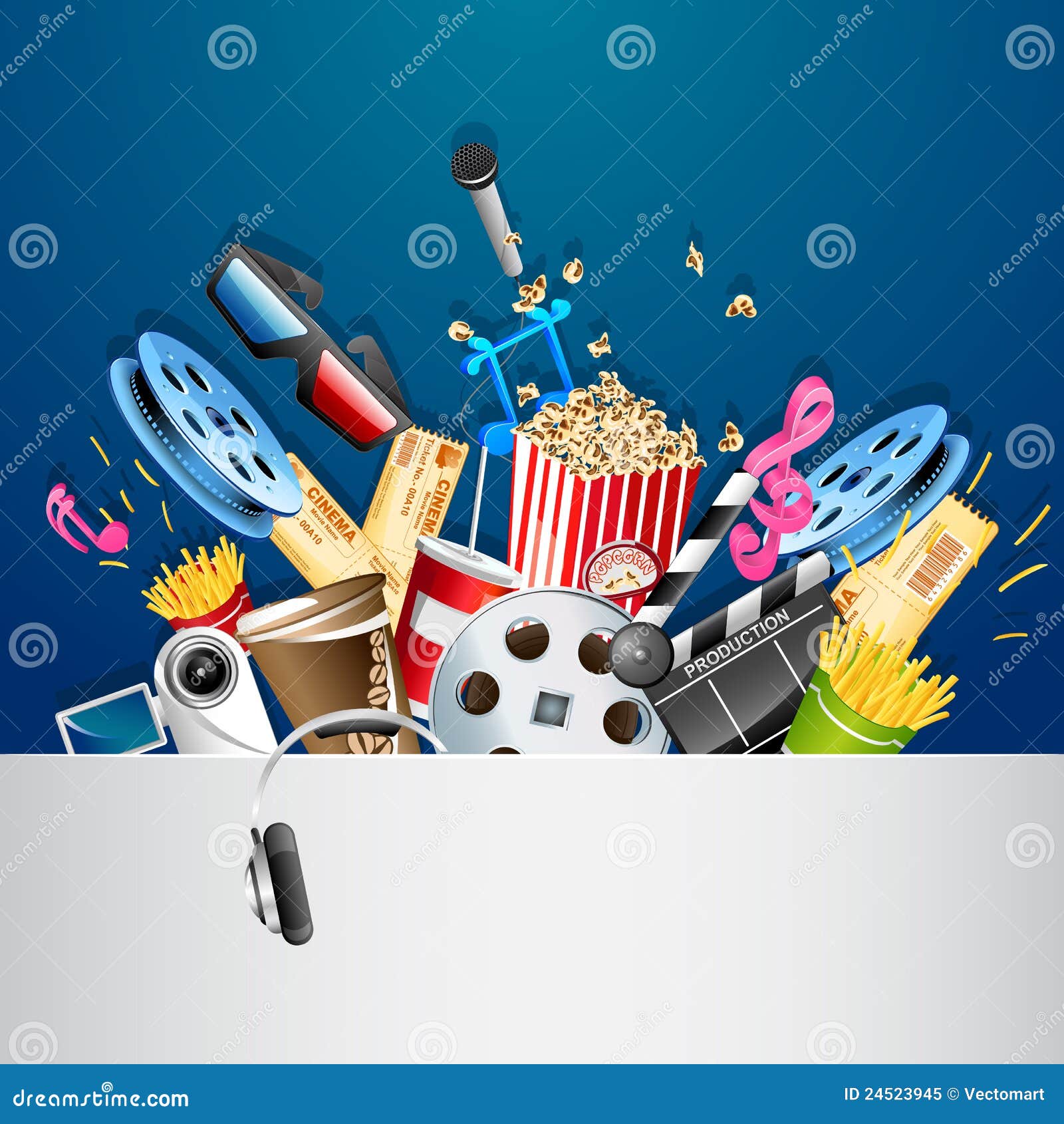 Cinema Background With 3d Realistic Objects Cartoon Vector ...