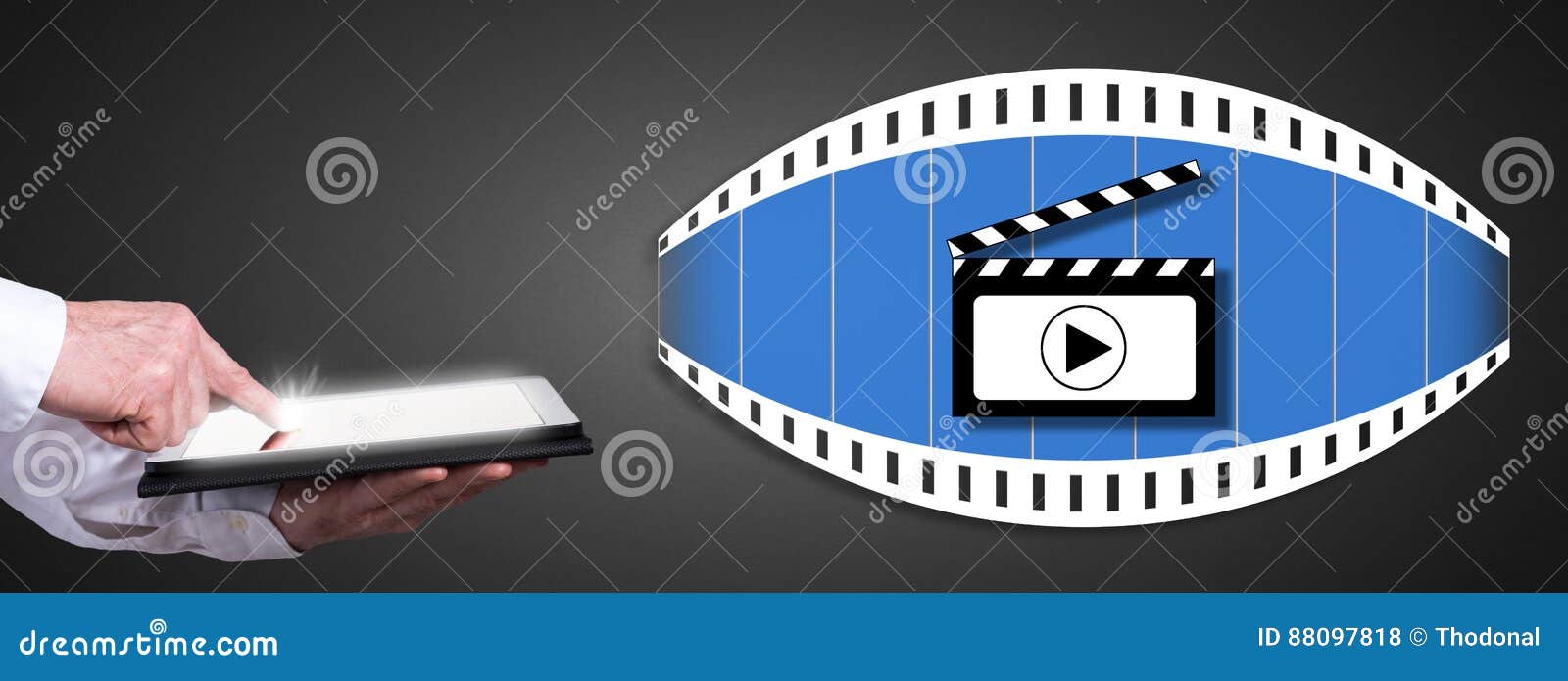 Cinema Concept with Man Using a Tablet Stock Illustration ...