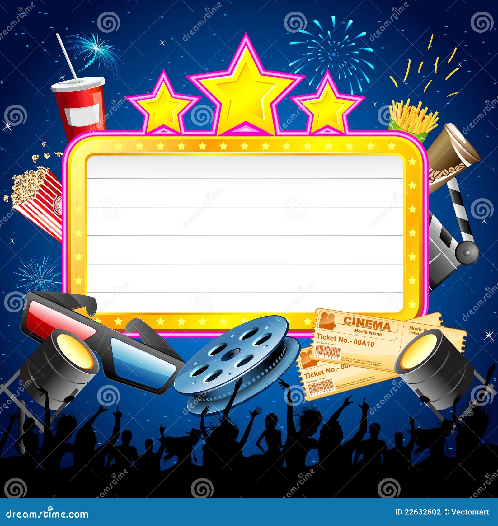 Cinema Display Board with Cheering Crowd Stock Illustration ...