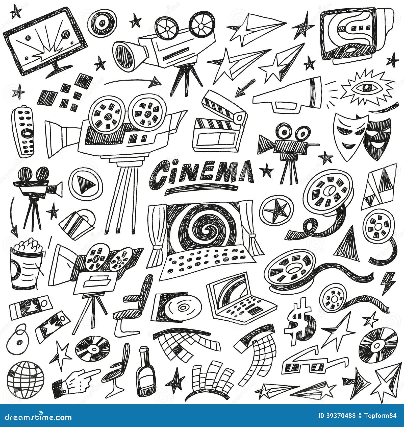 Cinema doodles stock vector. Illustration of ticket, cola - 39370488