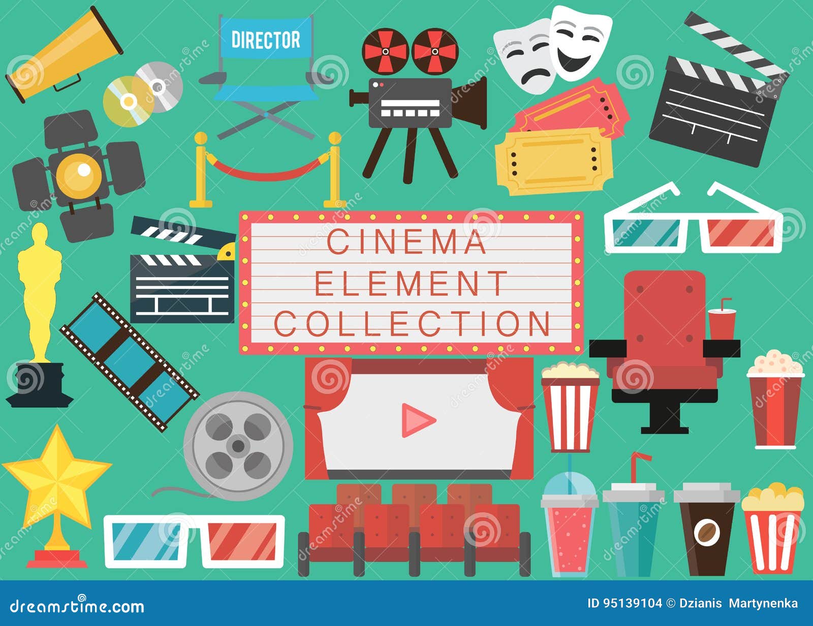 Cinema hall elements stock vector. Illustration of motion - 95139104