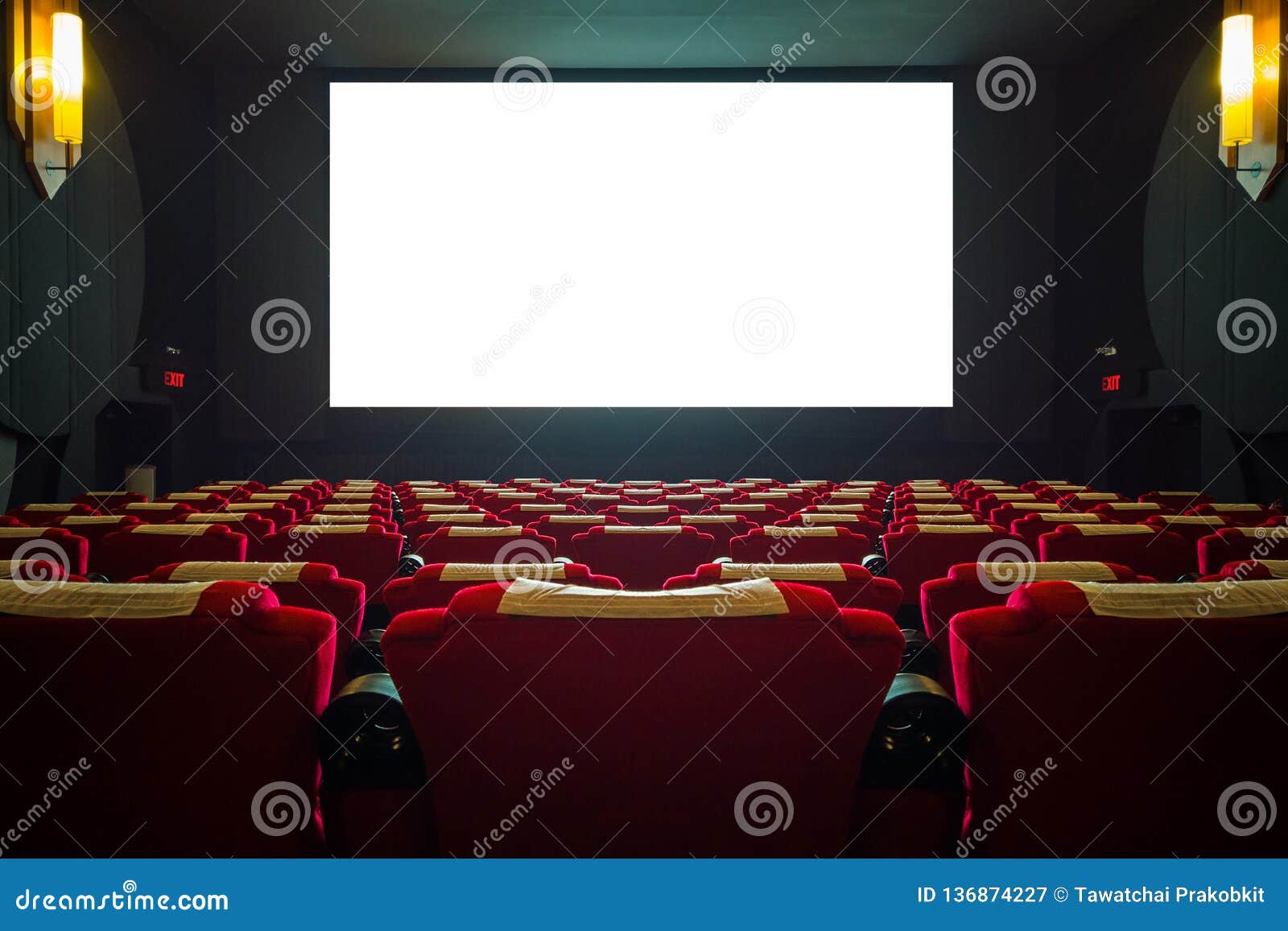 Cinema Hall with Red Seat and Wide White Screen Stock Image - Image of ...