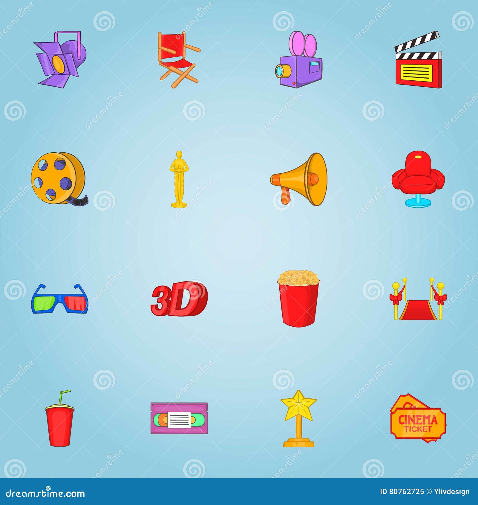 Cinema Icons Set, Cartoon Style Stock Vector - Illustration of popcorn ...