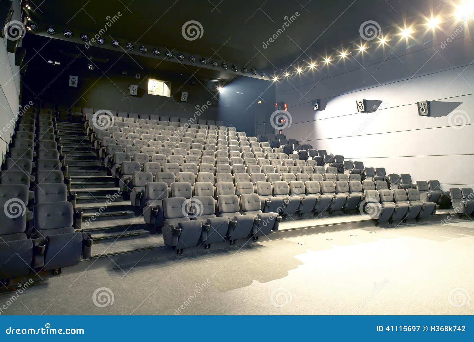 Cinema Interior with Lights on and Projector Cabin Stock Image - Image ...