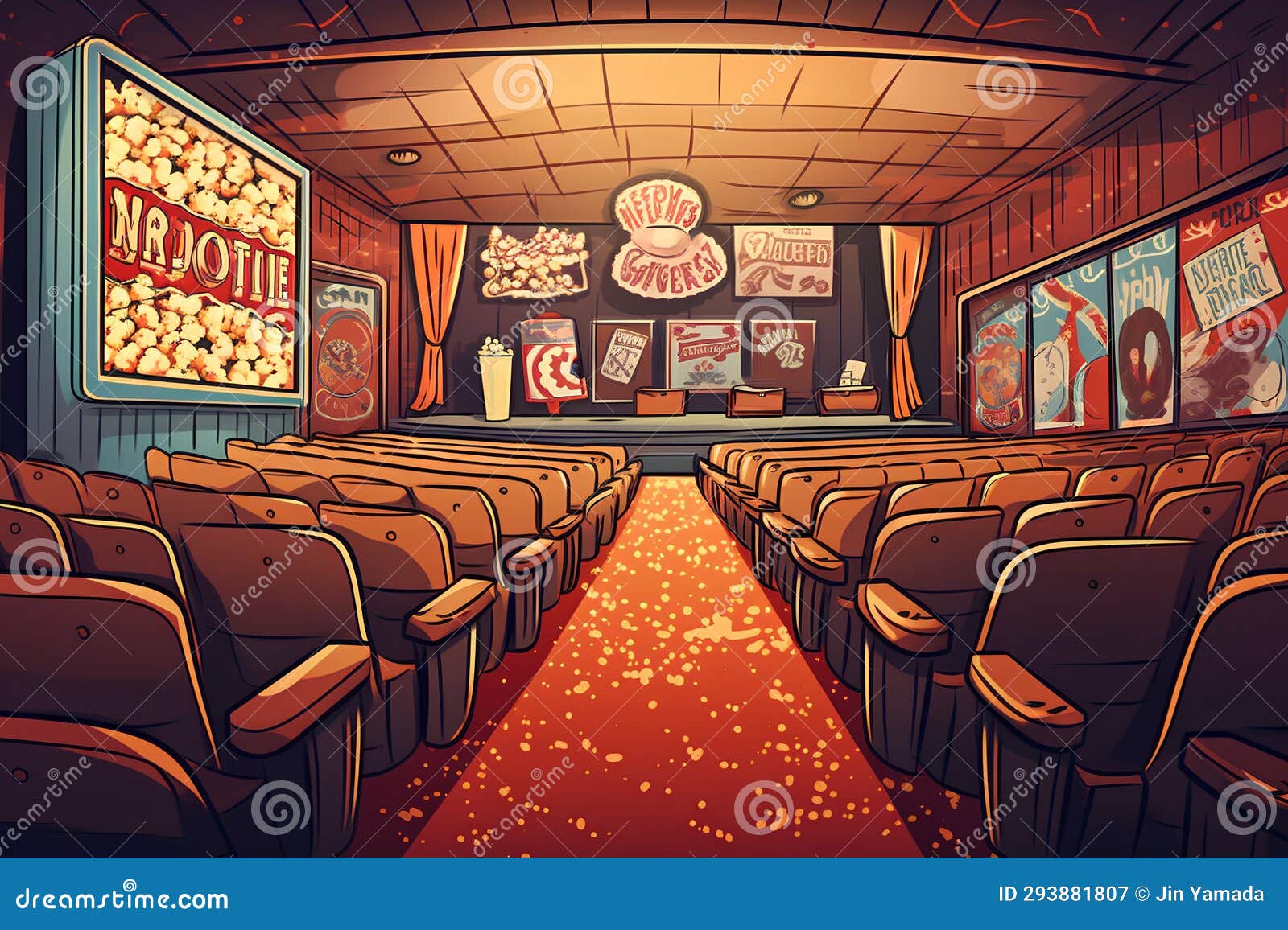 Cinema Interior with Seats and Popcorn. Vector Cartoon Illustration ...