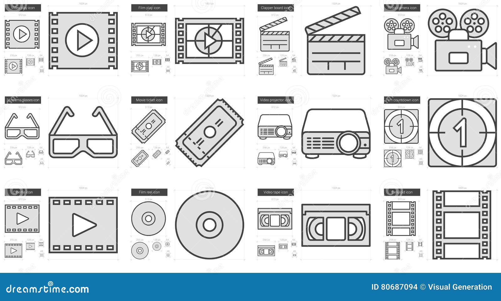 Cinema line icon set. stock vector. Illustration of icon - 80687094