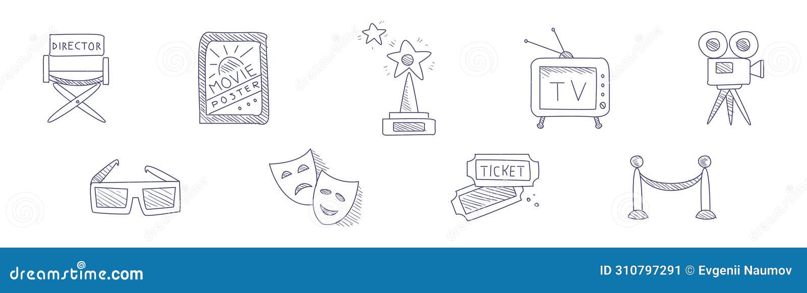 Cinema Object and Item Pen Drawing Line Vector Set Stock Illustration ...