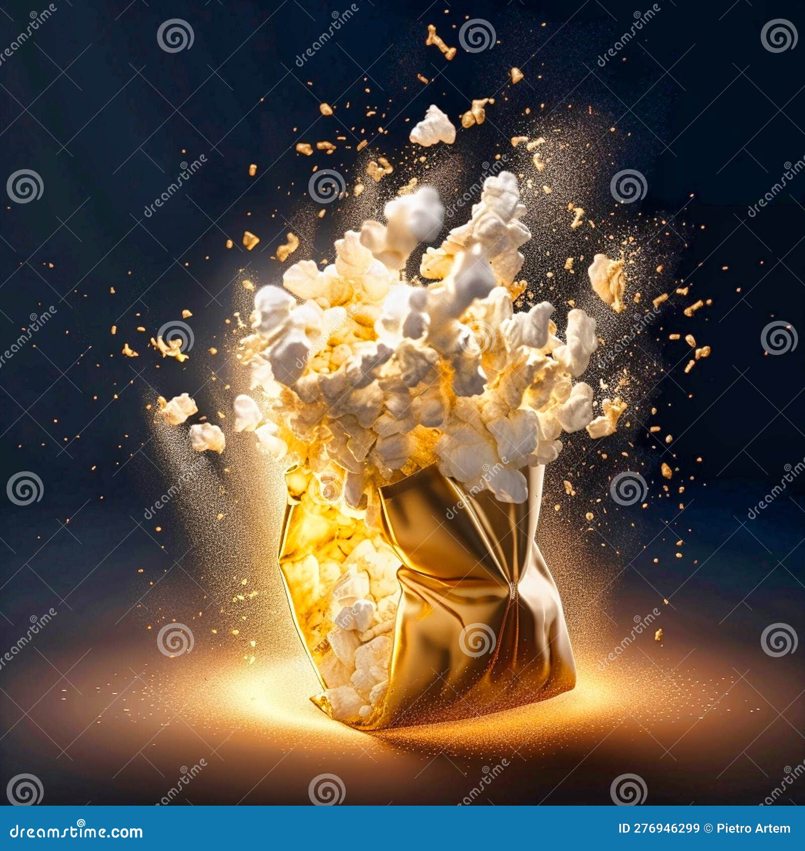 A Cinema Popcorn Bag Exploding with Golden Energy and Popcorn ...