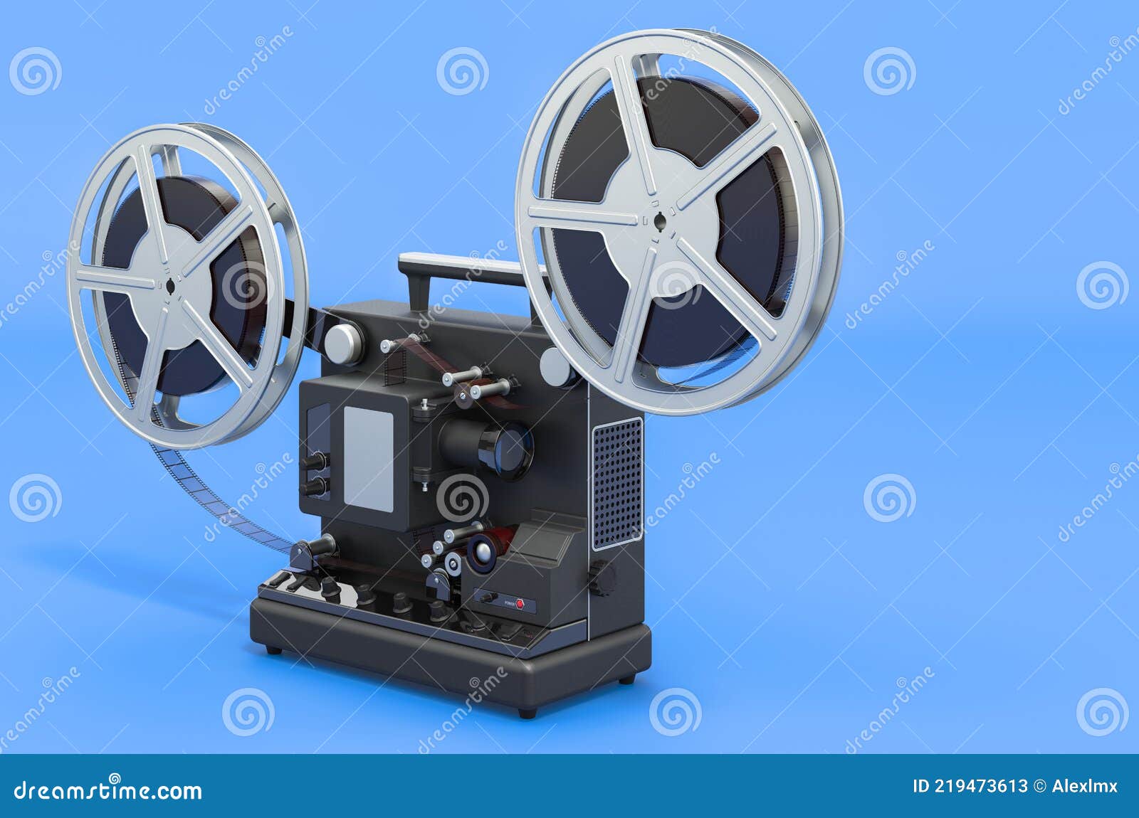 Cinema Projector on Blue Backdrop, 3D Rendering Stock Illustration ...
