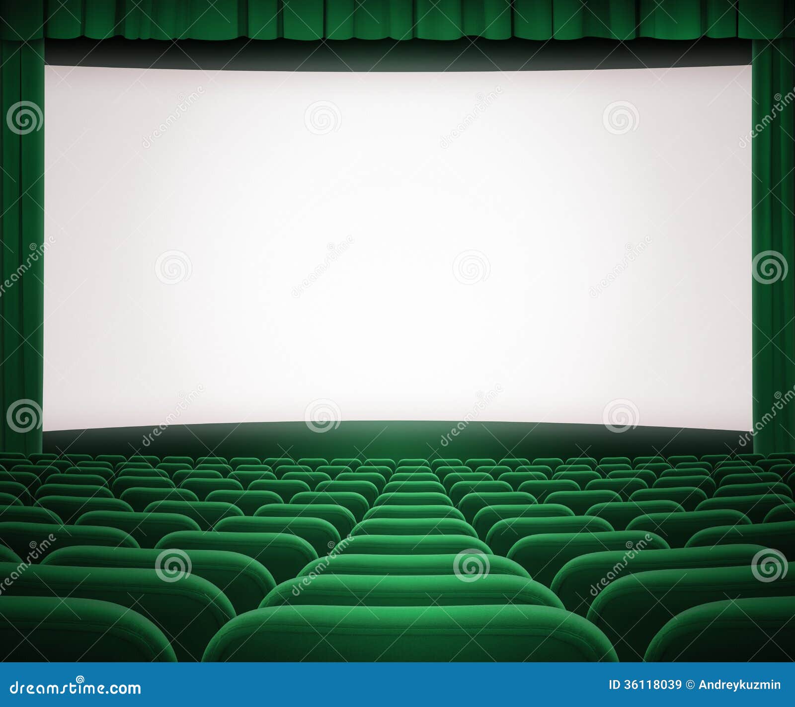 Cinema Screen with Open Green Curtain and Seats Stock Image - Image of ...