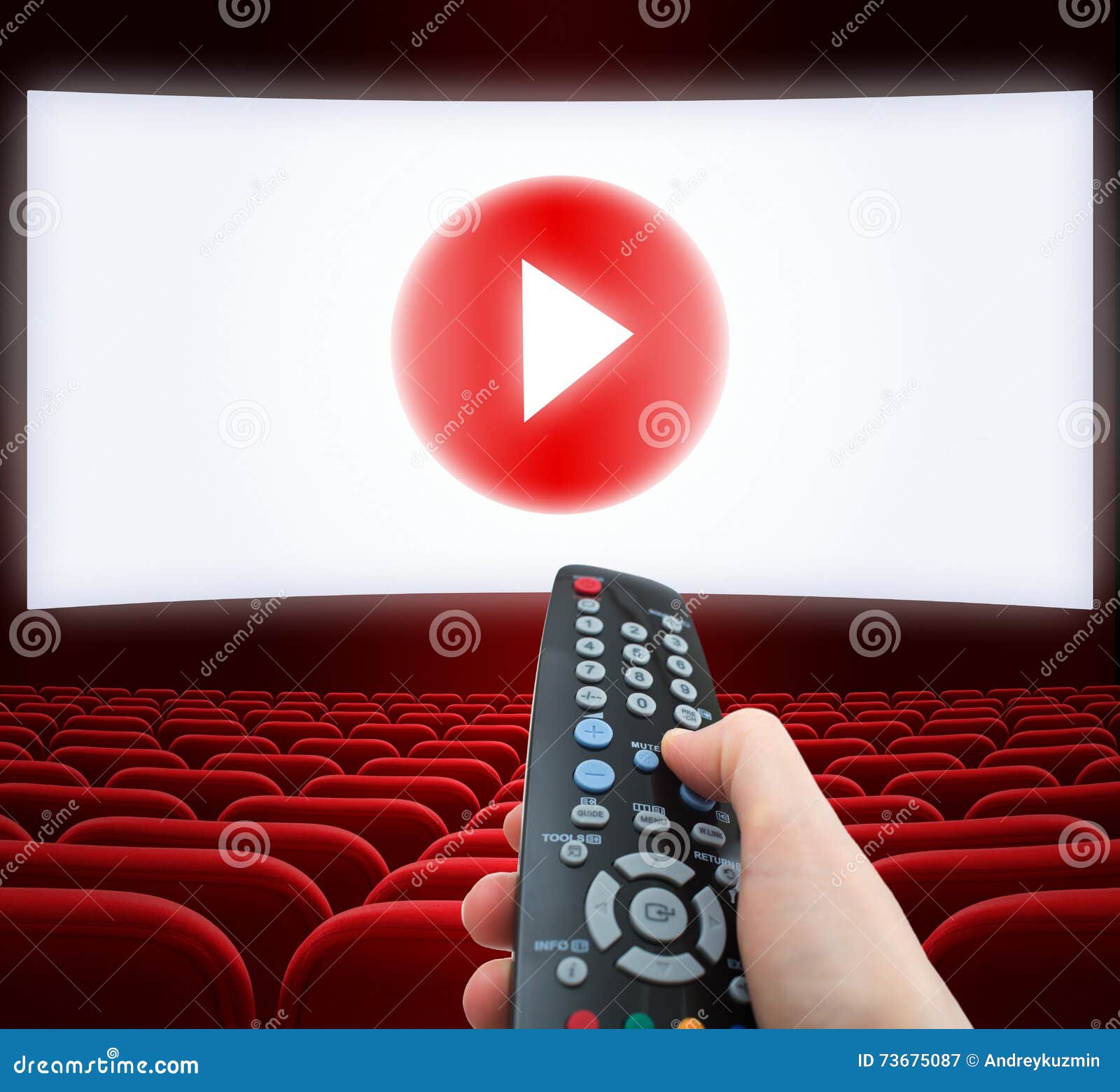 Cinema Screen with Play Media Button in Center and Remote Control in ...