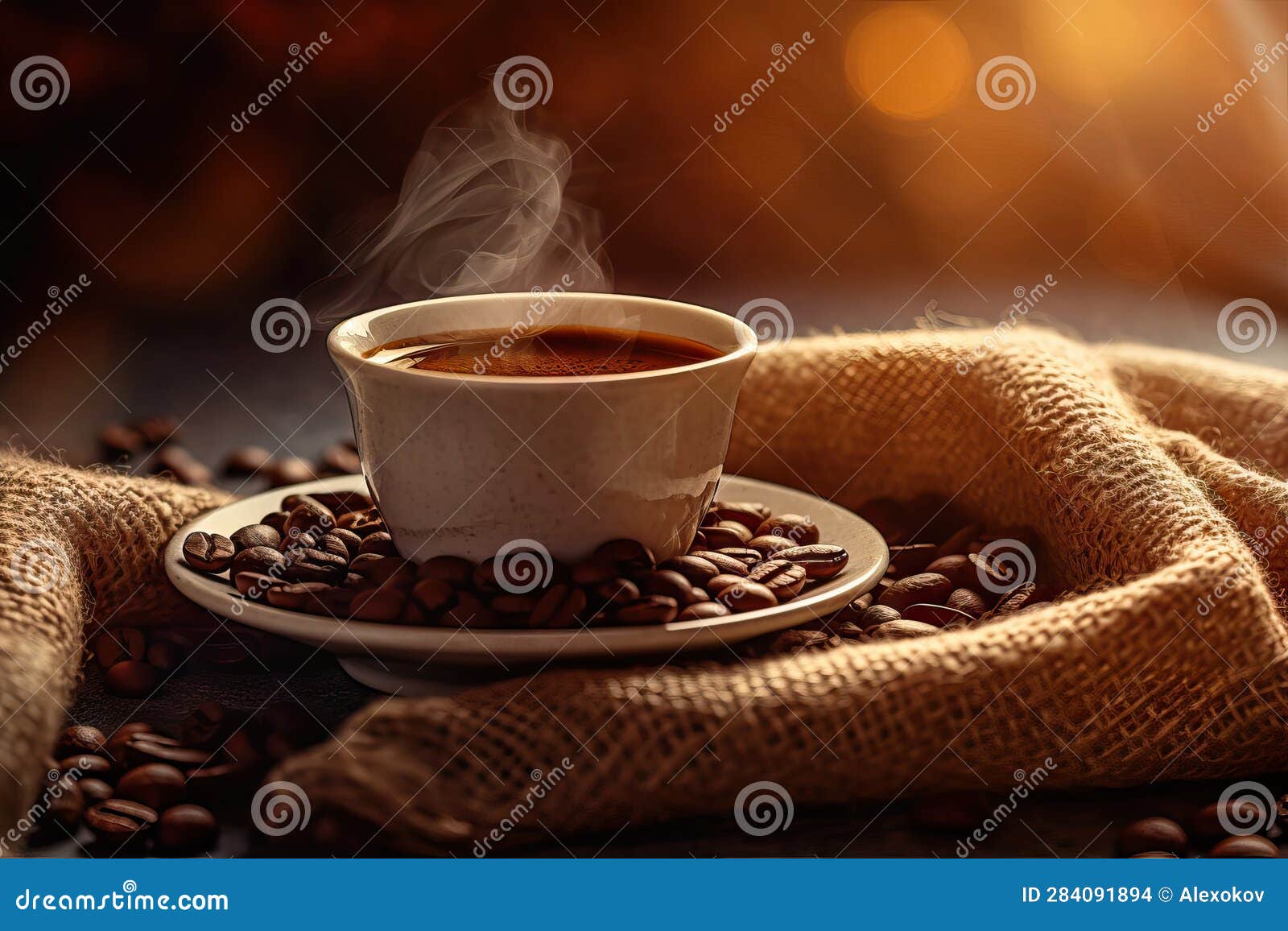 Cinematic Coffee Cup with Steam and Beans on Table AI Generated Stock ...
