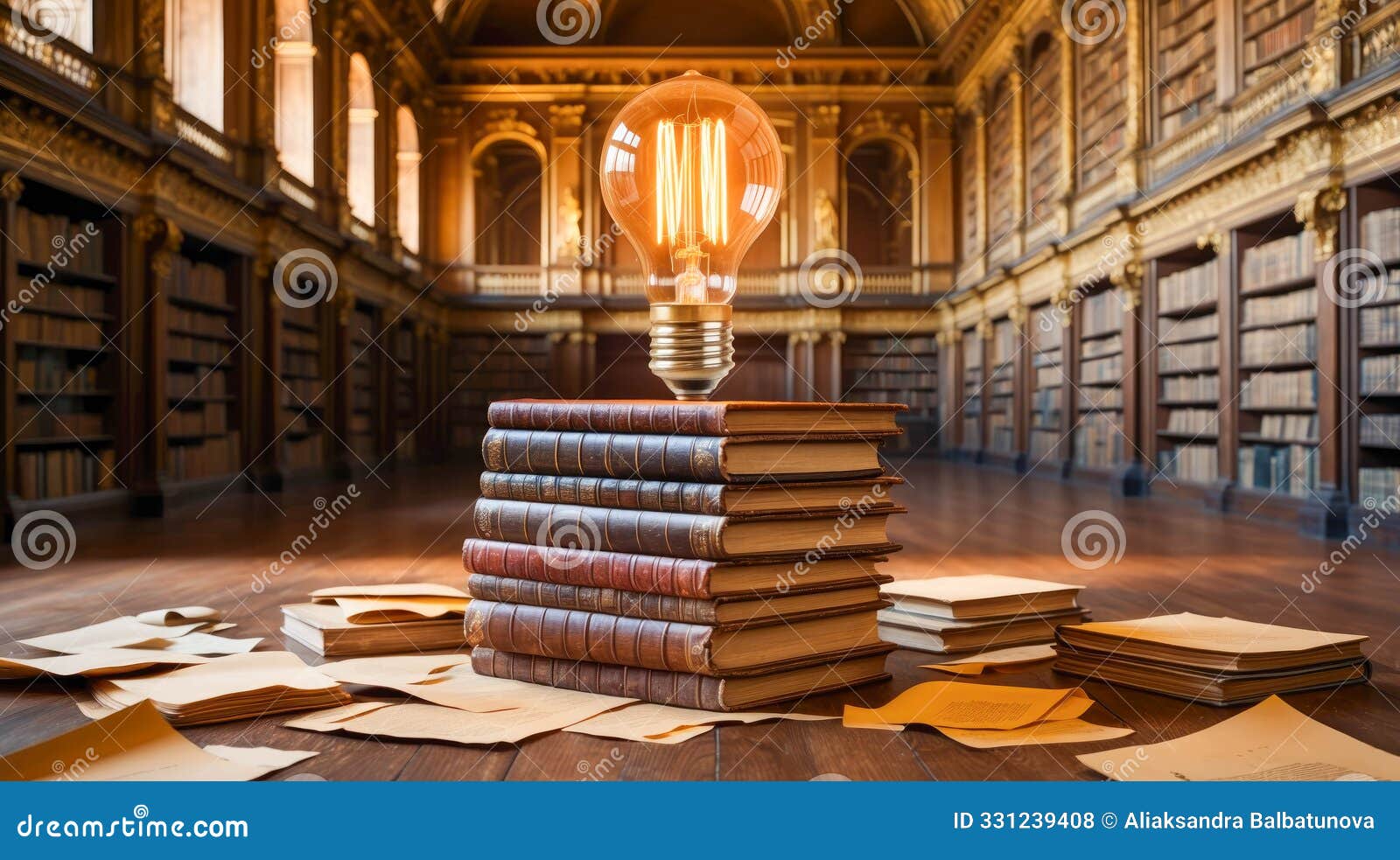 A Cinematic Image of a Vintage-style Light Bulb Glowing Atop a Stack of ...