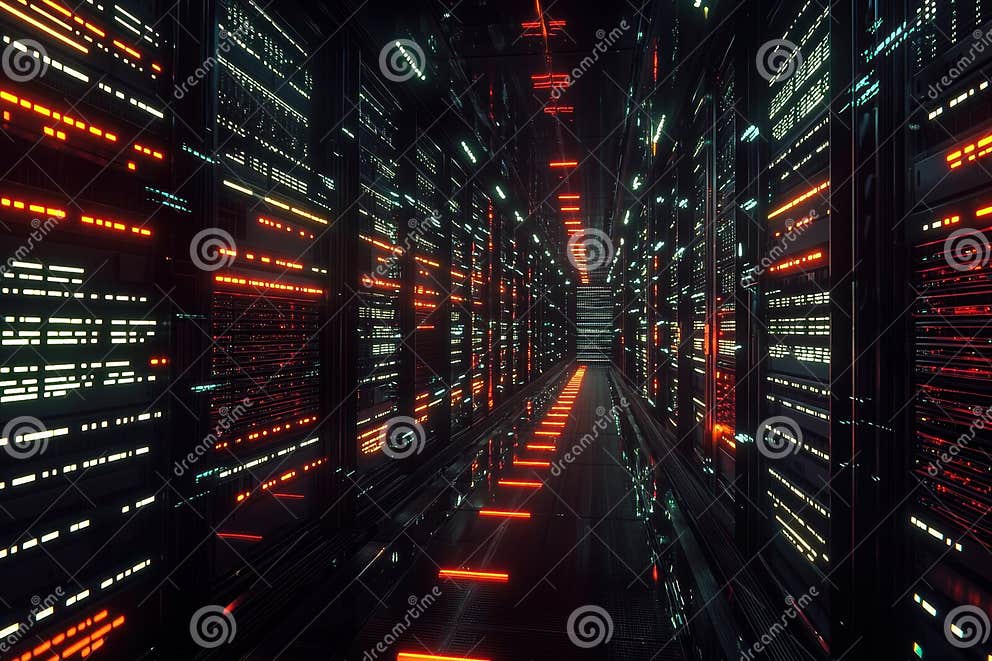 Cinematic View of Data Center with Endless Rows of Illuminated Servers ...