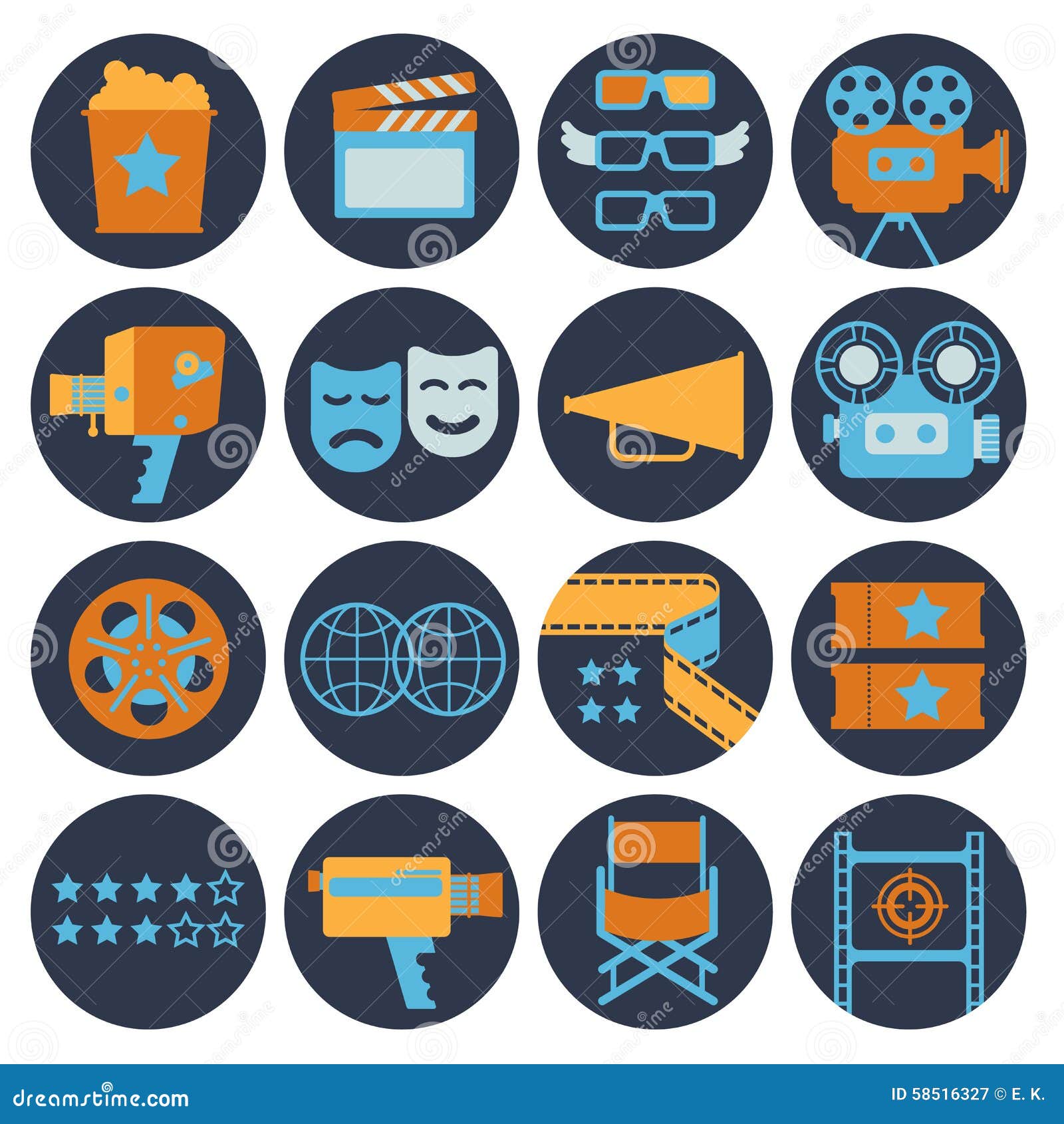Cinematography flat Icons. stock vector. Illustration of comedy - 58516327
