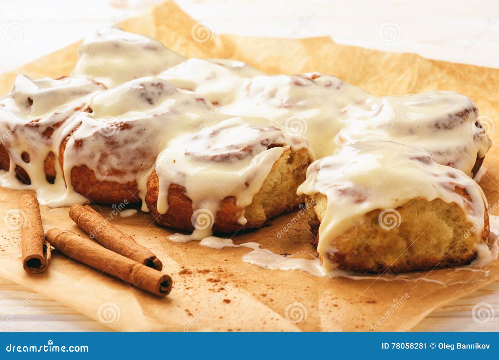 Cinnamon Buns Glazed with Cream Cheese . Stock Image - Image of sticky ...