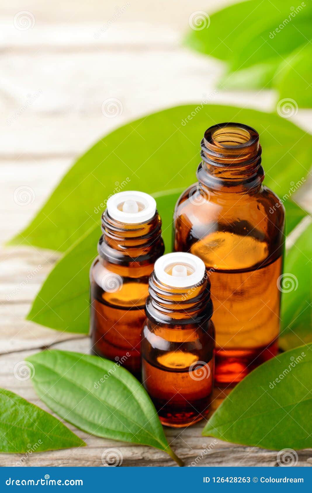 Cinnamon Leaf Oil and Fresh Cinnamon Leaves on the Wooden Board Stock ...