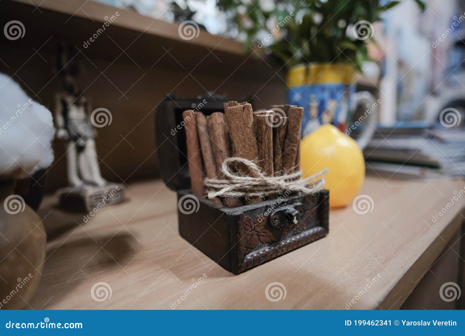 Cinnamon Pods in Wooden Treasure Box on the Table Stock Image - Image ...