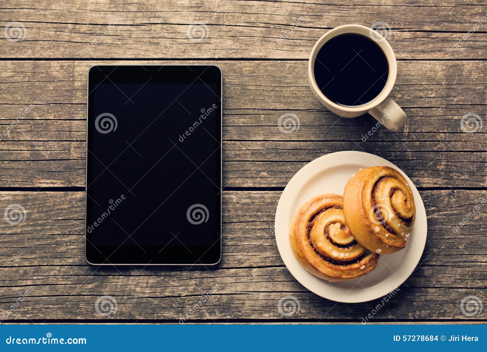 Cinnamon Rolls, Cup of Coffee and Computer Tablet Stock Photo - Image ...