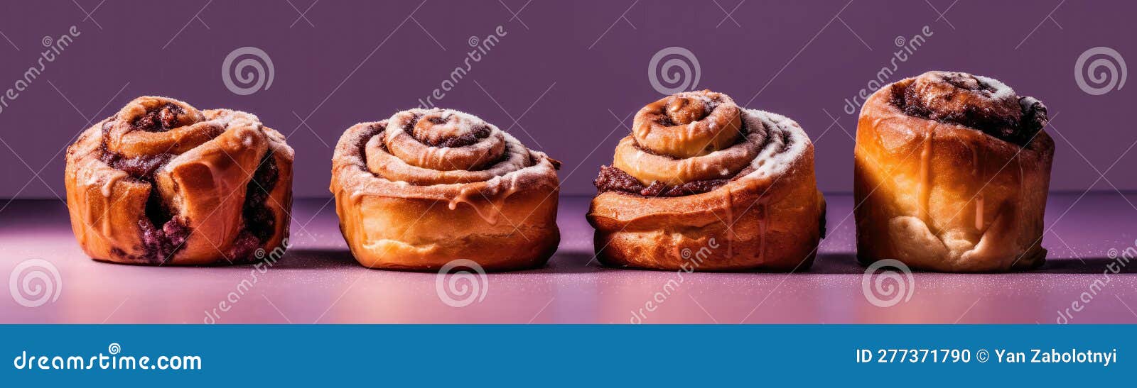 Cinnamon Rolls Standing on Gradient White Purple Background Wide ...
