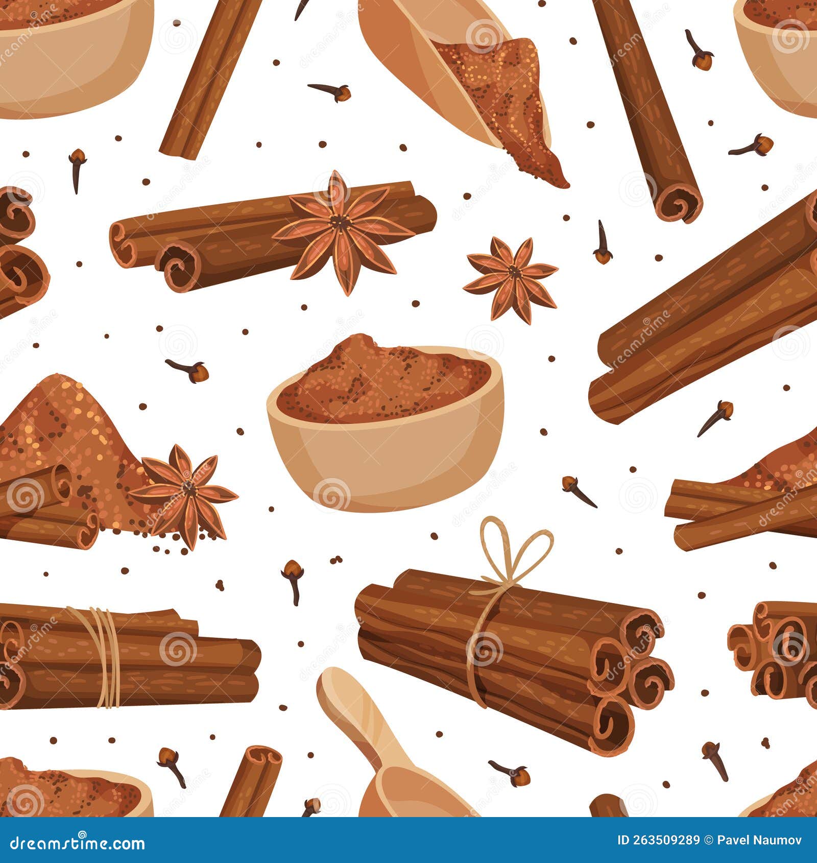 Cinnamon Seamless Pattern Design with Aromatic Spice Sticks and Powder ...