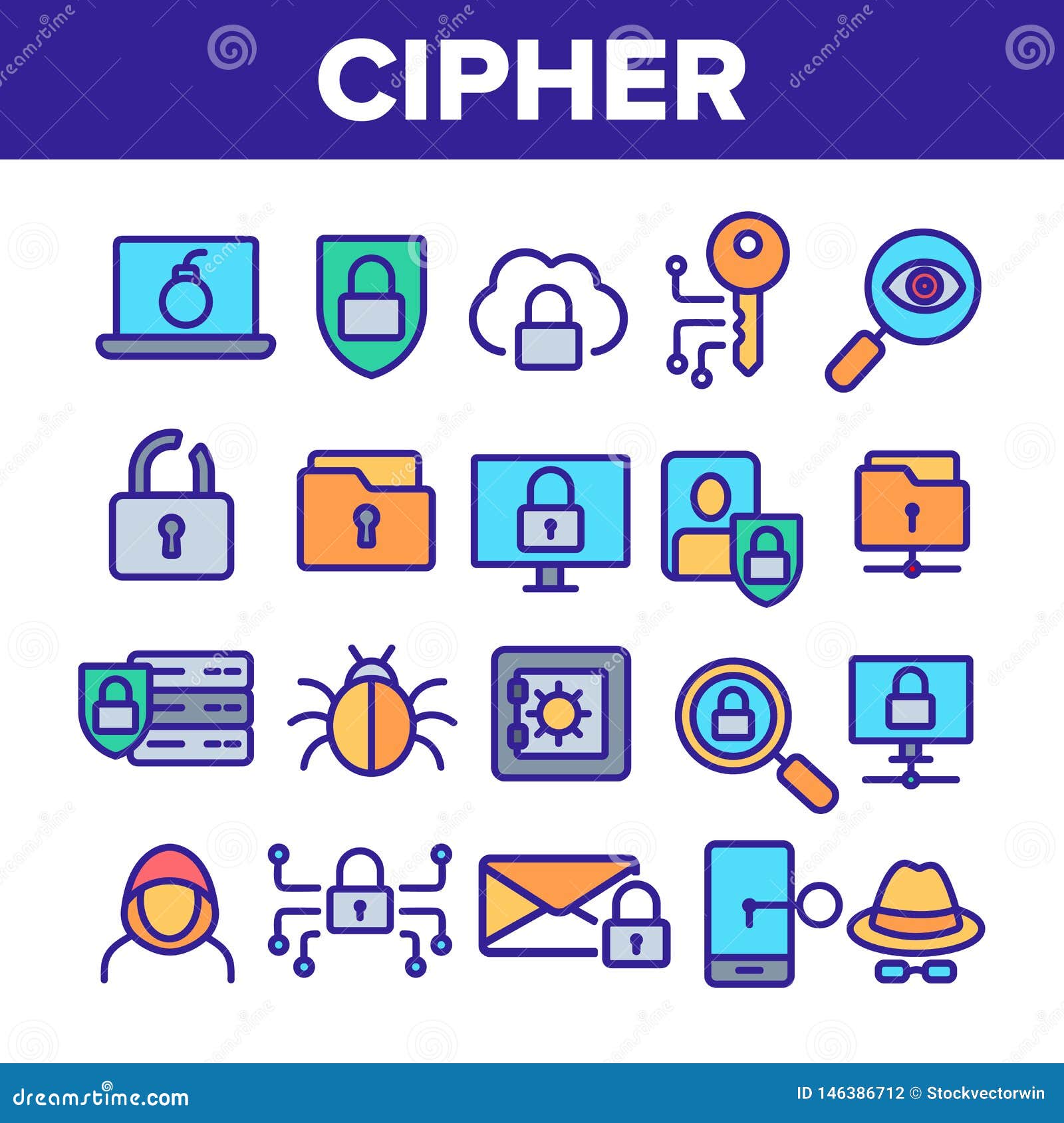 Cipher, Data Protection Linear Vector Icons Set Stock Vector ...
